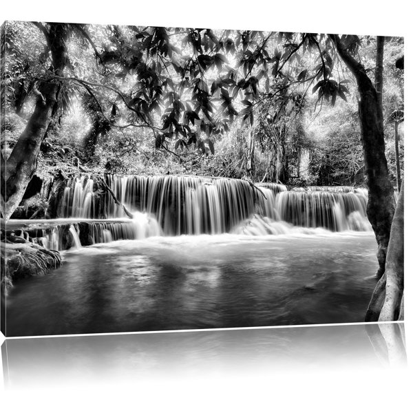 East Urban Home Leinwandbild Kleiner Wasserfall im Dschungel in Monochrom | Wayfair.de